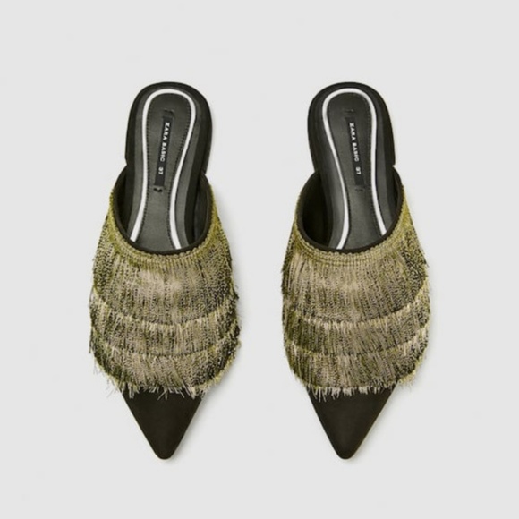 Zara | Shoes | Nwt Zara Flat Fringe Mules Black Golden | Poshmark